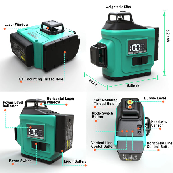 Inspiritech 3x360° Self-Leveling Line Laser Level With Remote Control ...